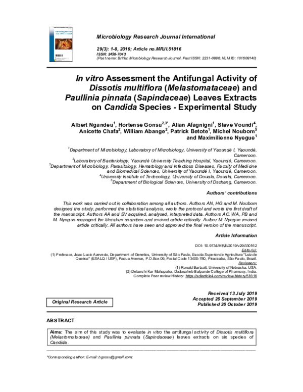 (PDF) In vitro Assessment the Antifungal Activity of Dissotis multiflora (Melastomataceae) and ...