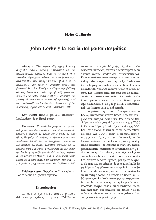 (PDF) John Locke y la teoría del poder despótico