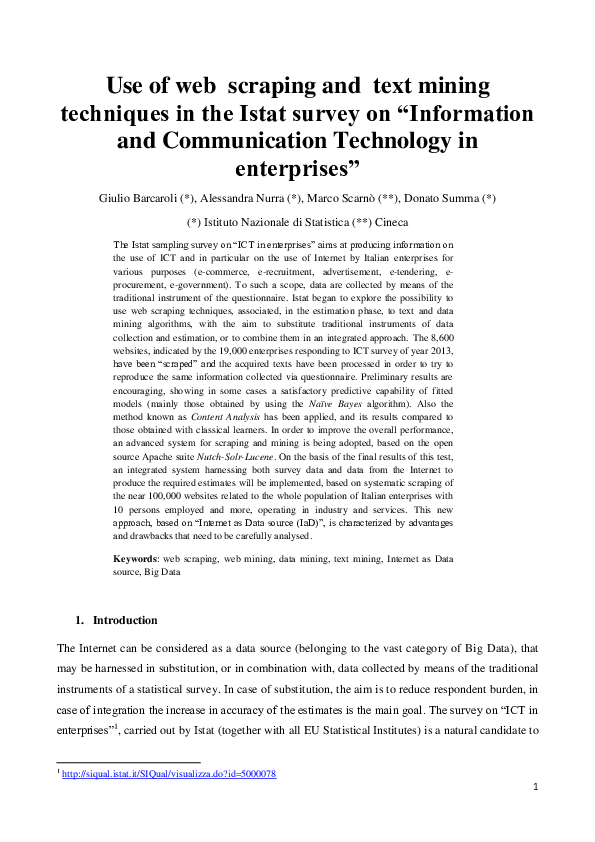 Pdf Use Of Web Scraping And Text Mining Techniques In The Istat Survey On Information And