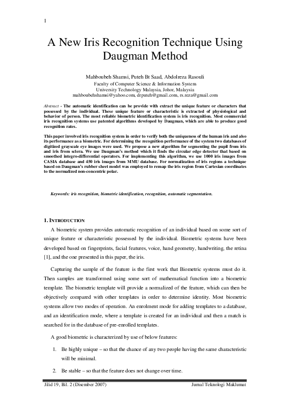 (PDF) A New Iris Recognition Technique Using Daugman Method