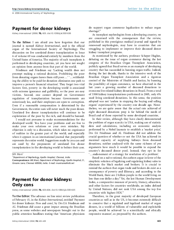 (PDF) Payment for donor kidneys: Only cons