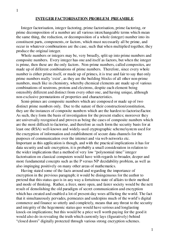 Pdf Integer Factorisation Problem Preamble Joe Angstrom