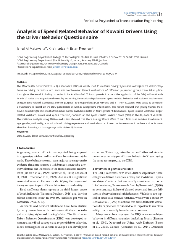 (PDF) Analysis of Speed Related Behavior of Kuwaiti Drivers Using the ...
