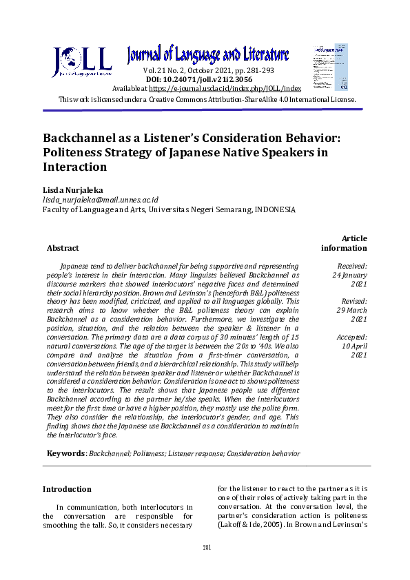 (PDF) Backchannel as a Listener’s Consideration Behavior: Politeness ...