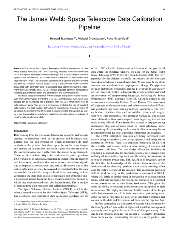 (PDF) The James Webb Space Telescope Data Calibration Pipeline | Howard ...