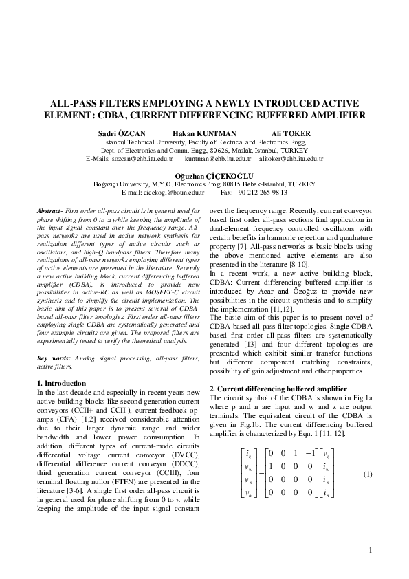 Pdf All Pass Filters Employing A Newly Introduced Active Element Cdba Current Differencing