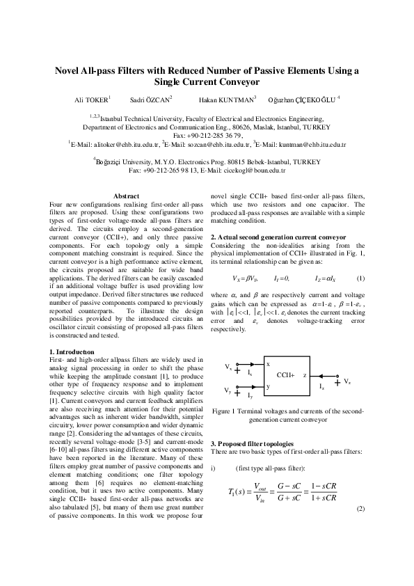 (PDF) Novel all-pass filters with reduced number of passive elements using a single current conveyor