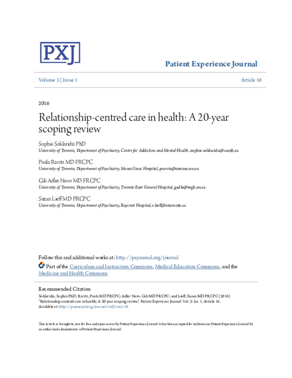 Pdf Relationship Centred Care In Health A 20 Year Scoping Review