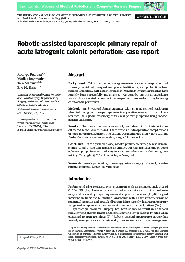 (PDF) Robotic-assisted laparoscopic primary repair of acute iatrogenic ...
