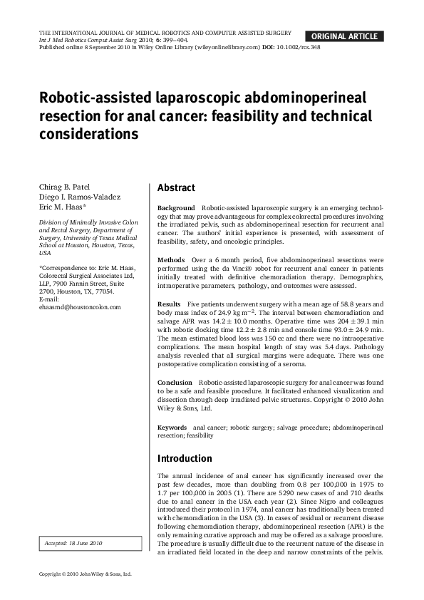 Pdf Robotic Assisted Laparoscopic Abdominoperineal Resection For Anal