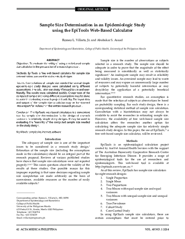 (PDF) Sample Size Determination in an Epidemiologic Study using the ...