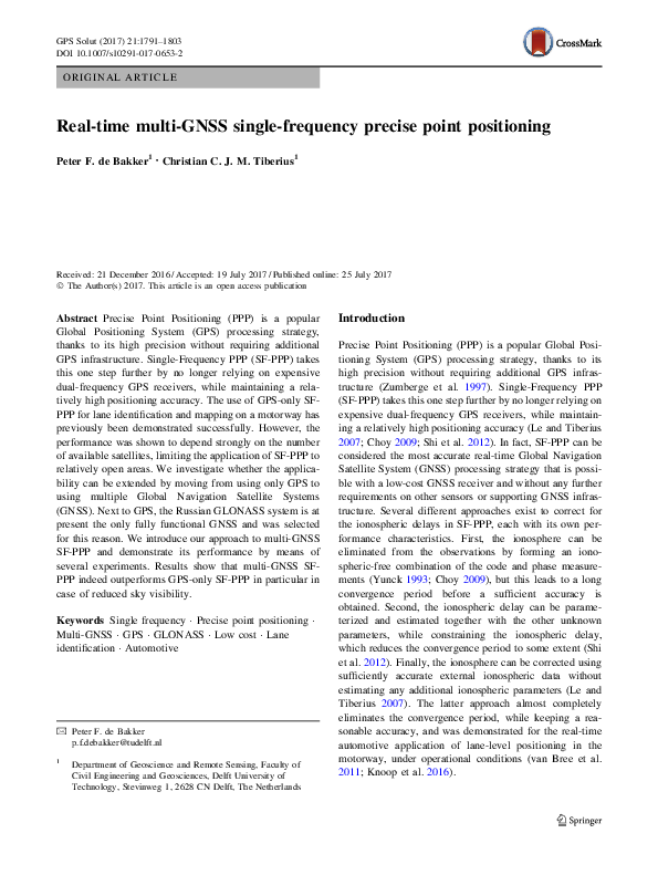 (PDF) Real-time multi-GNSS single-frequency precise point positioning