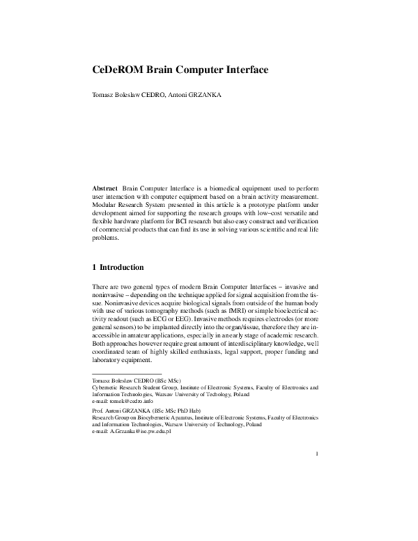 (PDF) CeDeROM Brain Computer Interface | Antoni Grzanka - Academia.edu