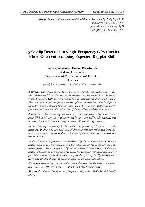 (PDF) Cycle Slip Detection in Single Frequency GPS Carrier observations using expected Doppler shift