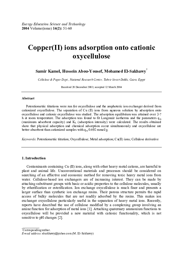 (PDF) Copper(II) ions adsorption onto cationic oxycellulose