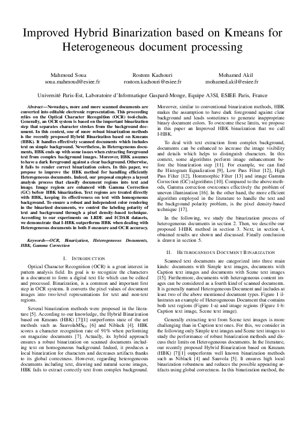 (PDF) Improved Hybrid Binarization based on Kmeans for Heterogeneous document processing