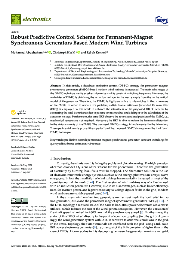 Pdf Robust Predictive Control Scheme For Permanent Magnet Synchronous Generators Based Modern
