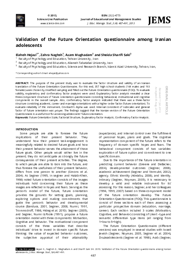 (PDF) Validation of the Future Orientation questionnaire among Iranian ...