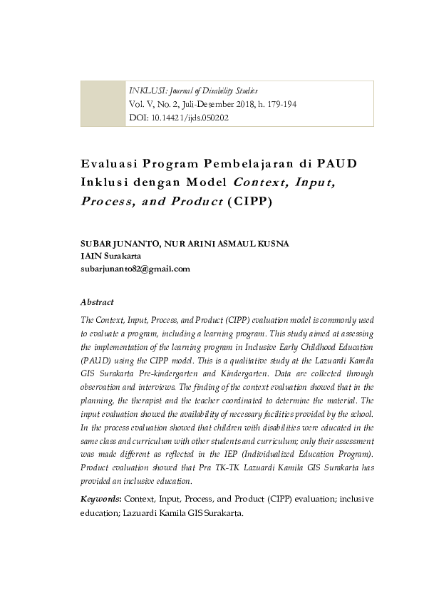 (PDF) Evaluasi Program Pembelajaran di PAUD Inklusi dengan Model ...