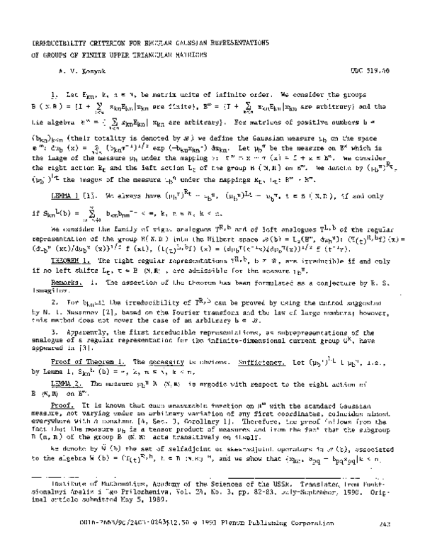 Pdf Irreducibility Criterion For Regular Gaussian Representations Of Groups Of Finite Upper