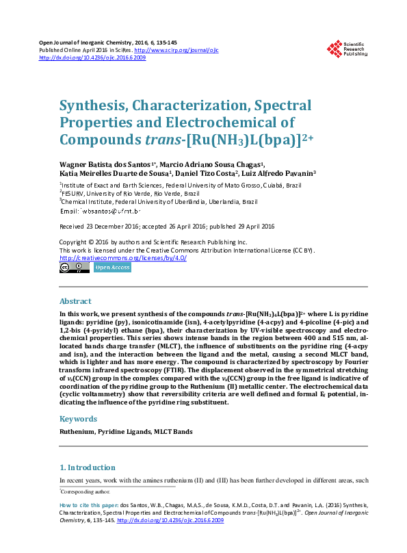 (PDF) Synthesis, Characterization, Spectral Properties and Electrochemical of Compounds trans ...