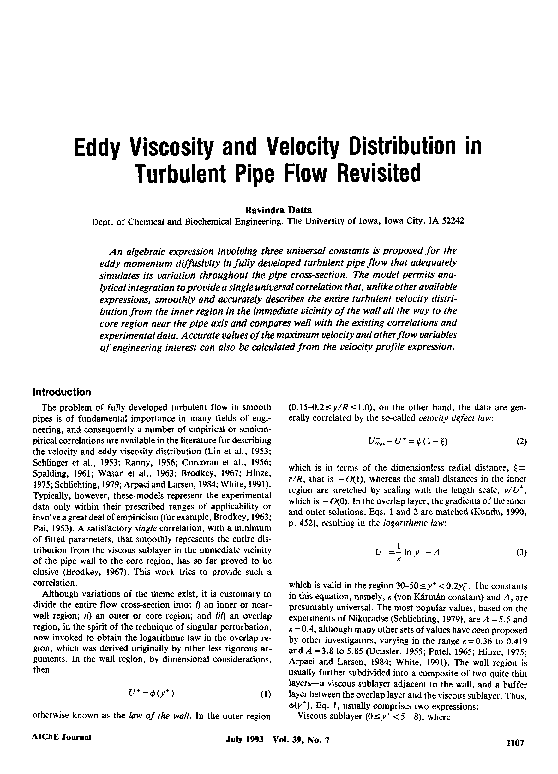 (PDF) Eddy viscosity and velocity distribution in turbulent pipe flow ...