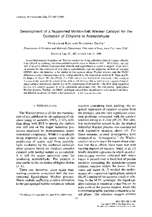 (PDF) Development of a supported molten-salt Wacker catalyst for the ...