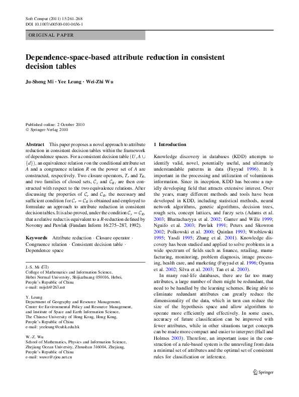 (PDF) Dependence-space-based attribute reduction in consistent decision tables