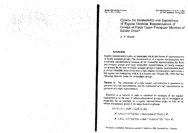 Pdf Criteria For Irreducibility And Equivalence Of Regular Gaussian Representations Of Groups