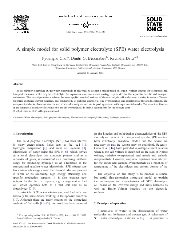 (PDF) A simple model for solid polymer electrolyte (SPE) water electrolysis