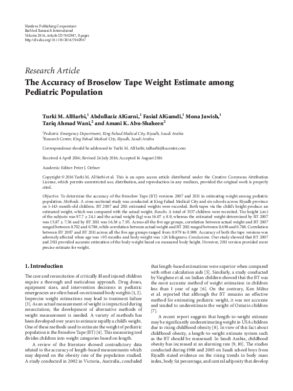 (PDF) The Accuracy of Broselow Tape Weight Estimate among Pediatric ...