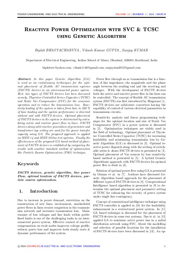 Pdf Reactive Power Optimization With Svc And Tcsc Using Genetic Algorithm