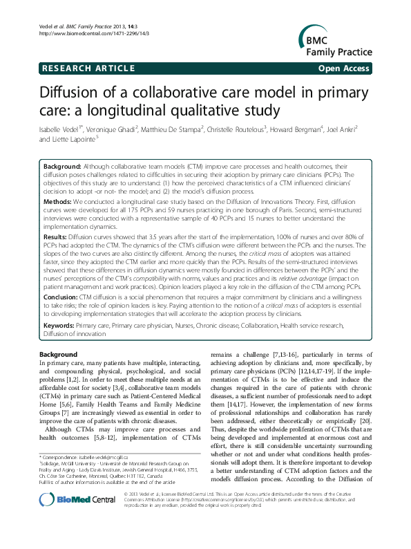 (PDF) Diffusion of a collaborative care model in primary care: a ...
