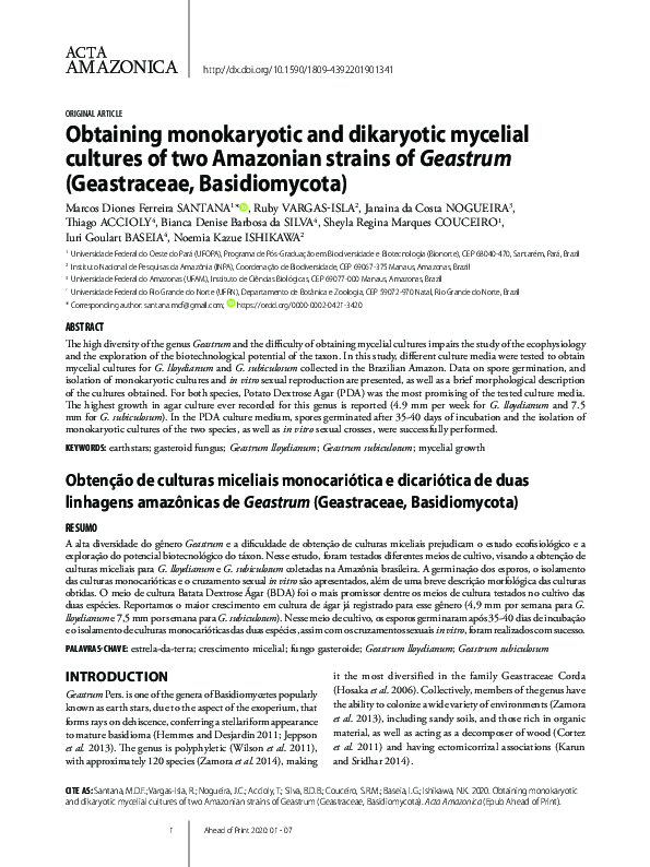 (PDF) Obtaining monokaryotic and dikaryotic mycelial cultures of two Amazonian strains of ...