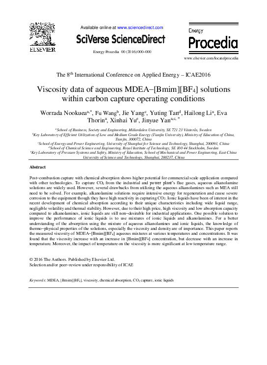 (PDF) Viscosity Data of Aqueous MDEA–[Bmim][BF 4 ] Solutions Within ...