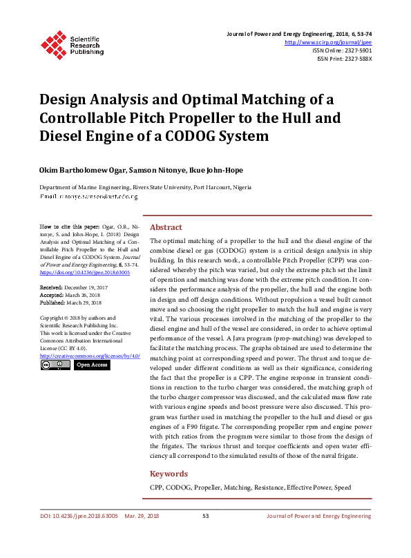 (PDF) Design Analysis and Optimal Matching of a Controllable Pitch ...