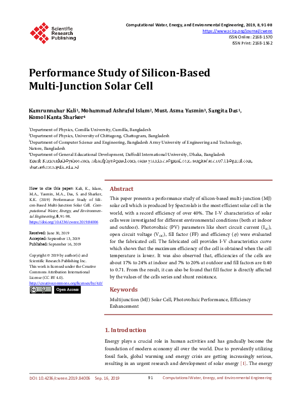 (PDF) Performance Study of Silicon-Based Multi-Junction Solar Cell