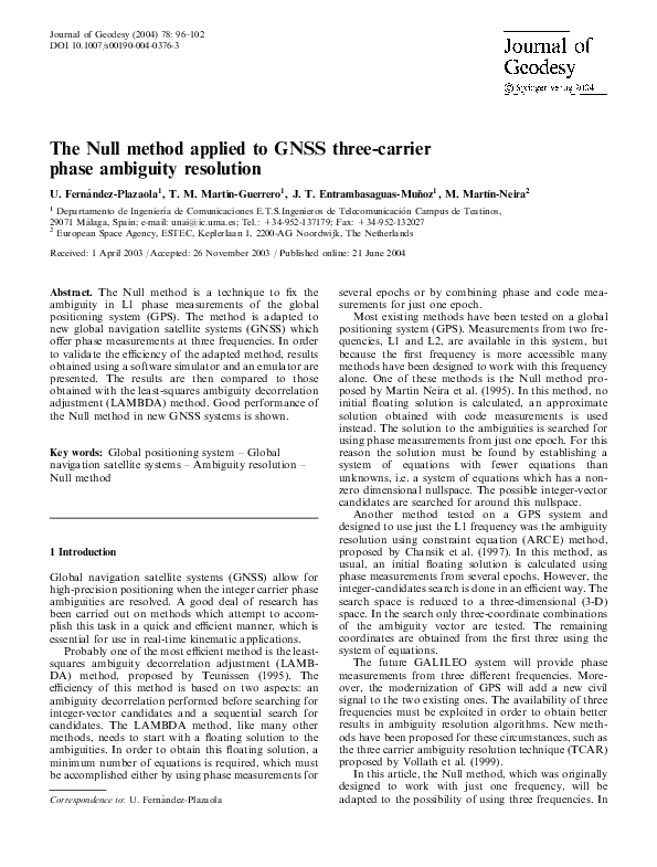 (PDF) The Null method applied to GNSS three-carrier phase ambiguity resolution