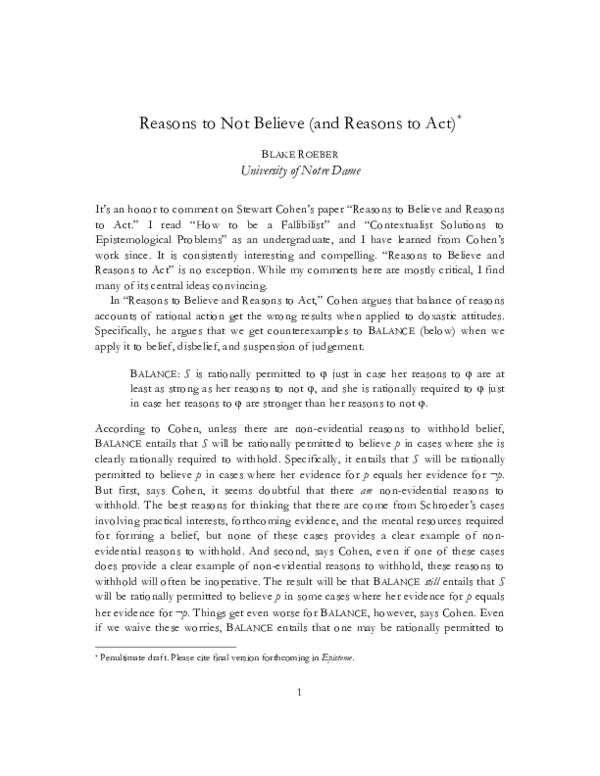 (PDF) Reasons to Not Believe (And Reasons to Act)