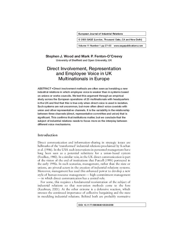 (PDF) Direct Involvement, Representation and Employee Voice in UK ...