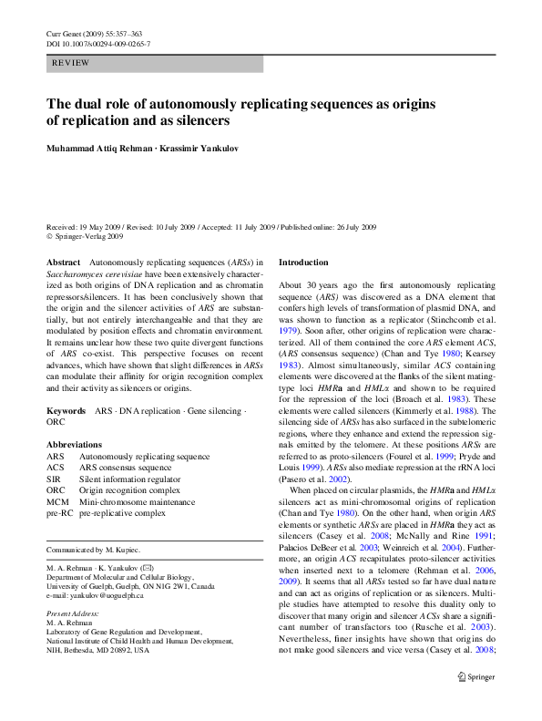 (PDF) The dual role of autonomously replicating sequences as origins of ...
