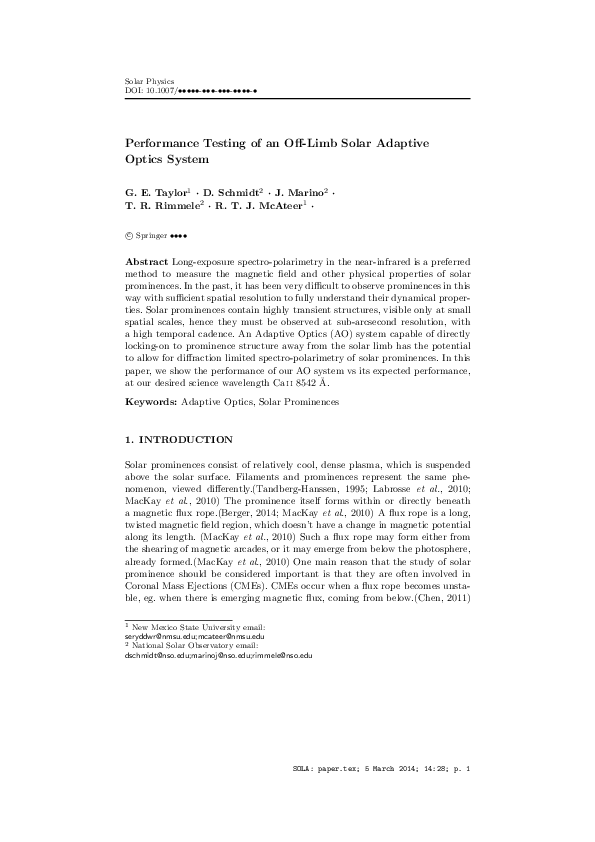 (PDF) Solar Limb Adaptive Optics: A Test of Wavefront Sensors and ...