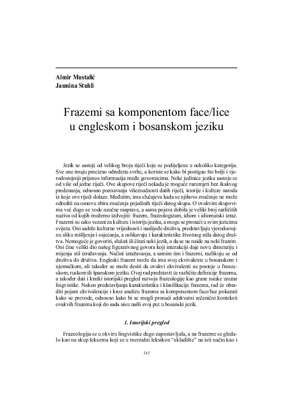 (PDF) Frazemi sa komponentom face-lice u engleskom i bosanskom jeziku