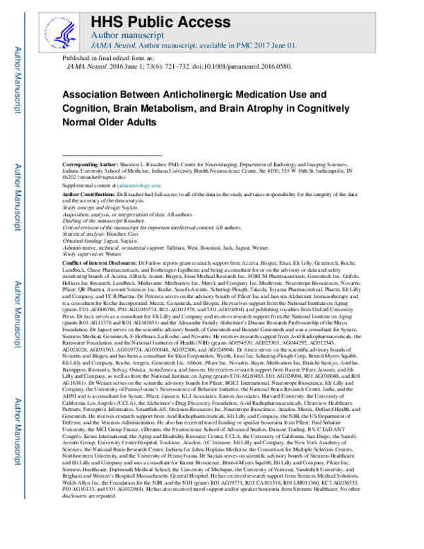 (PDF) Association Between Anticholinergic Medication Use and Cognition, Brain Metabolism, and ...