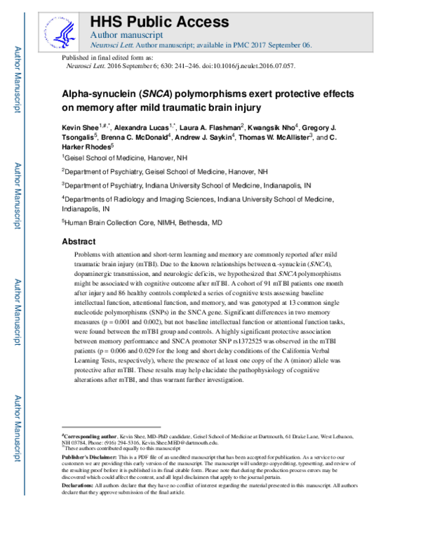 (PDF) Alpha-synuclein (SNCA) polymorphisms exert protective effects on ...