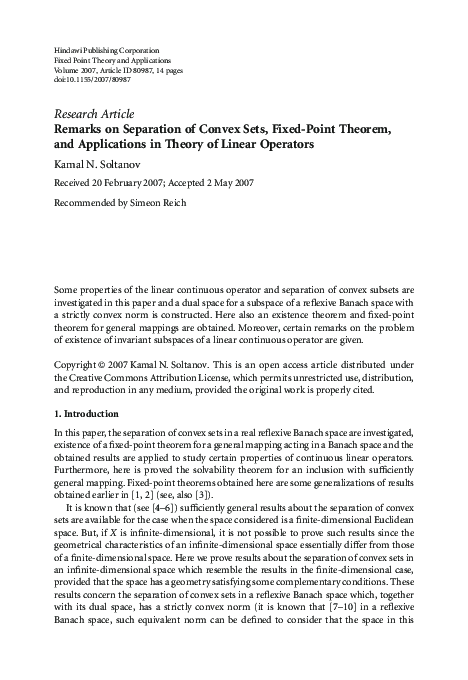 (PDF) Remarks on Separation of Convex Sets, Fixed-Point Theorem, and Applications in Theory of ...