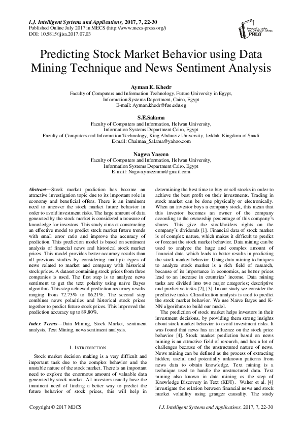 (PDF) Predicting Stock Market Behavior using Data Mining Technique and News Sentiment Analysis