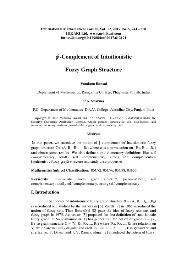 (PDF) Complement of Intuitionistic Fuzzy Graph Structure