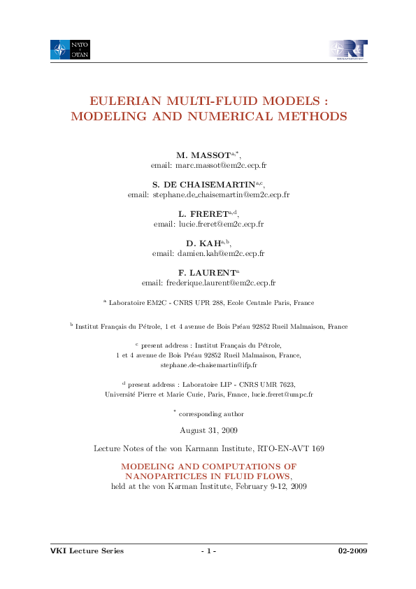 (PDF) Eulerian multi-fluid models: modeling and numerical methods