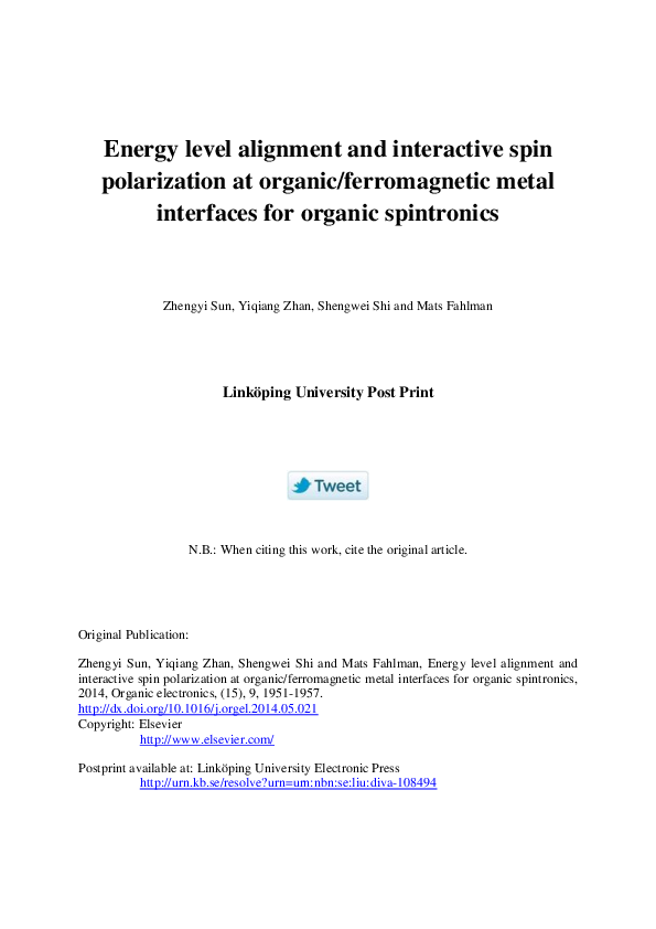 (PDF) Energy level alignment and interactive spin polarization at organic/ferromagnetic metal ...